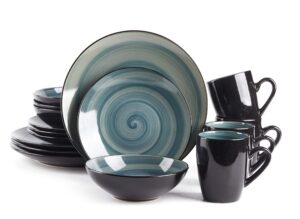 homevss, stoneware sonoma 16pc dinnerware set, black + speckled spin wash blue