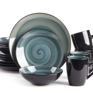 HomeVss, Stoneware Sonoma 16pc Dinnerware Set, Black + Speckled Spin Wash Blue