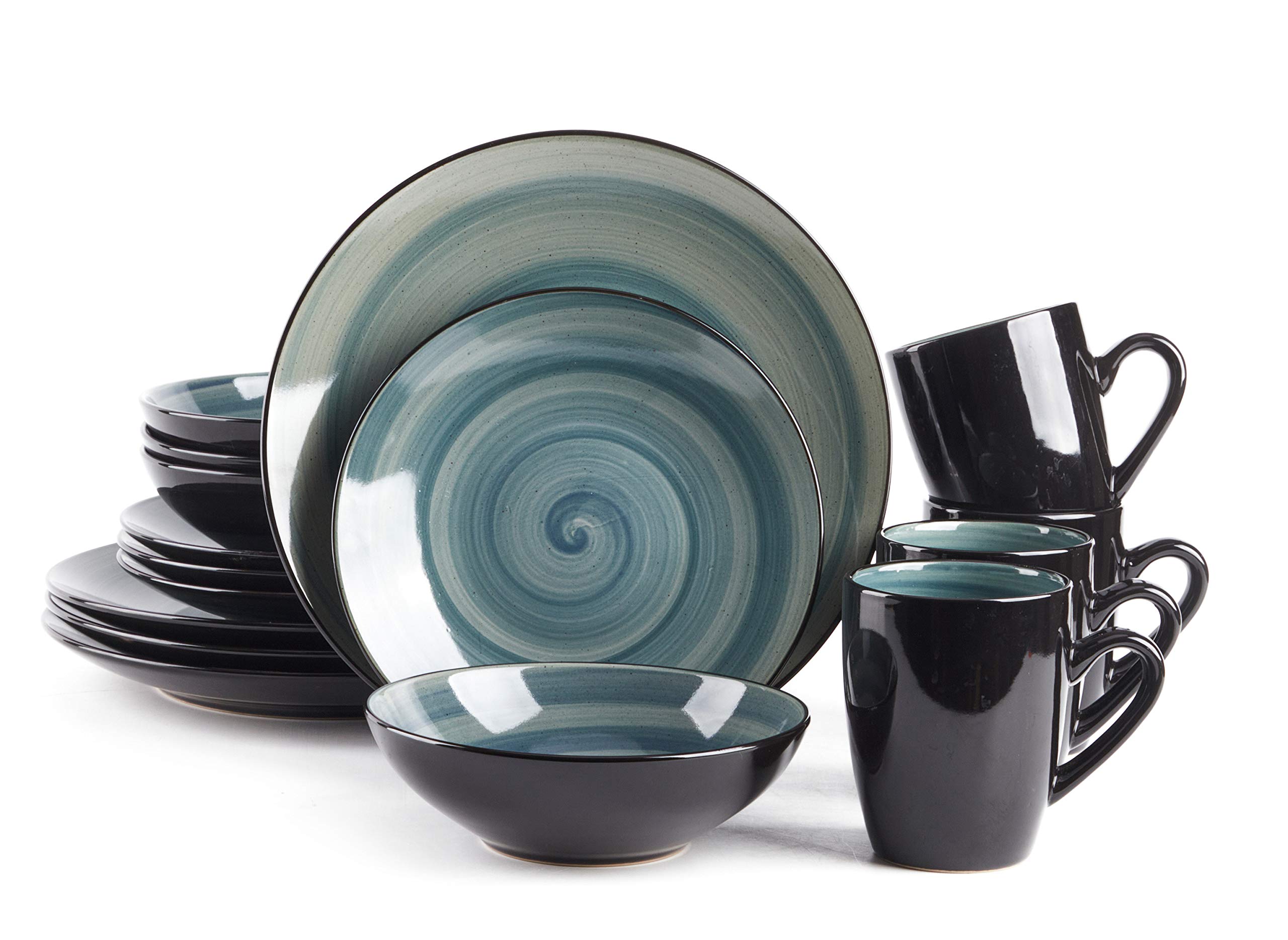 HomeVss, Stoneware Sonoma 16pc Dinnerware Set, Black + Speckled Spin Wash Blue