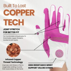 Copper Tech Ladies Golf Gloves 2 Pack - 100% AAA Synthetic Tacky Leather - Optimal Wrist Support for Golfers - Women's Golf Glove Left Hand - Perfect Pink Golf Glove for Fall - (One Size Fits Most)