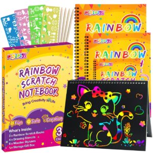 pigipigi gifts for 3-12 year old girls boys - 3 pack rainbow scratch off notebooks arts crafts supplies set color drawing paper kit for kids birthday game party favor christmas easter activity toy