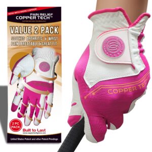 copper tech ladies golf gloves 2 pack - 100% aaa synthetic tacky leather - optimal wrist support for golfers - women's golf glove left hand - perfect pink golf glove for fall - (one size fits most)