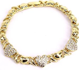 women's girls xoxo hugs & kisses shiny hearts bracelet real gold plated 7.5"