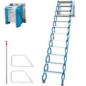 vevor attic steps pull down 12 steps attic stairs, alloy attic access ladder, blue pulldown attic stairs, wall-mounted folding stairs for attic, retractable attic ladder with armrests, 9.8 feet height