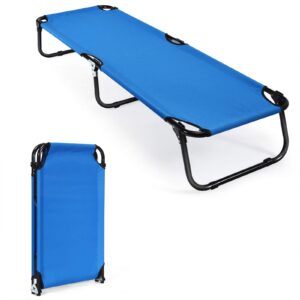 gymax camping cot, 330 lbs folding cot for sleeping, easy set up cot bed for adults, indoor &outdoor travel adventure picnic hiking cot for patio yard home office (blue)