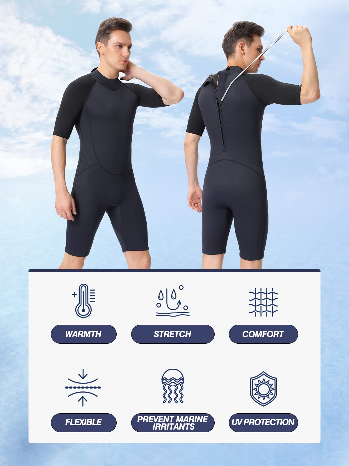 Shorty Wetsuit Men,2mm Neoprene Short Sleeves Wet Suits Back Zip, 1.5mm Shorty Surf Suit Keep Warm in Cold Water for Snorkeling Kayaking Boarding(Dark Blue 2mm,XX-Large)