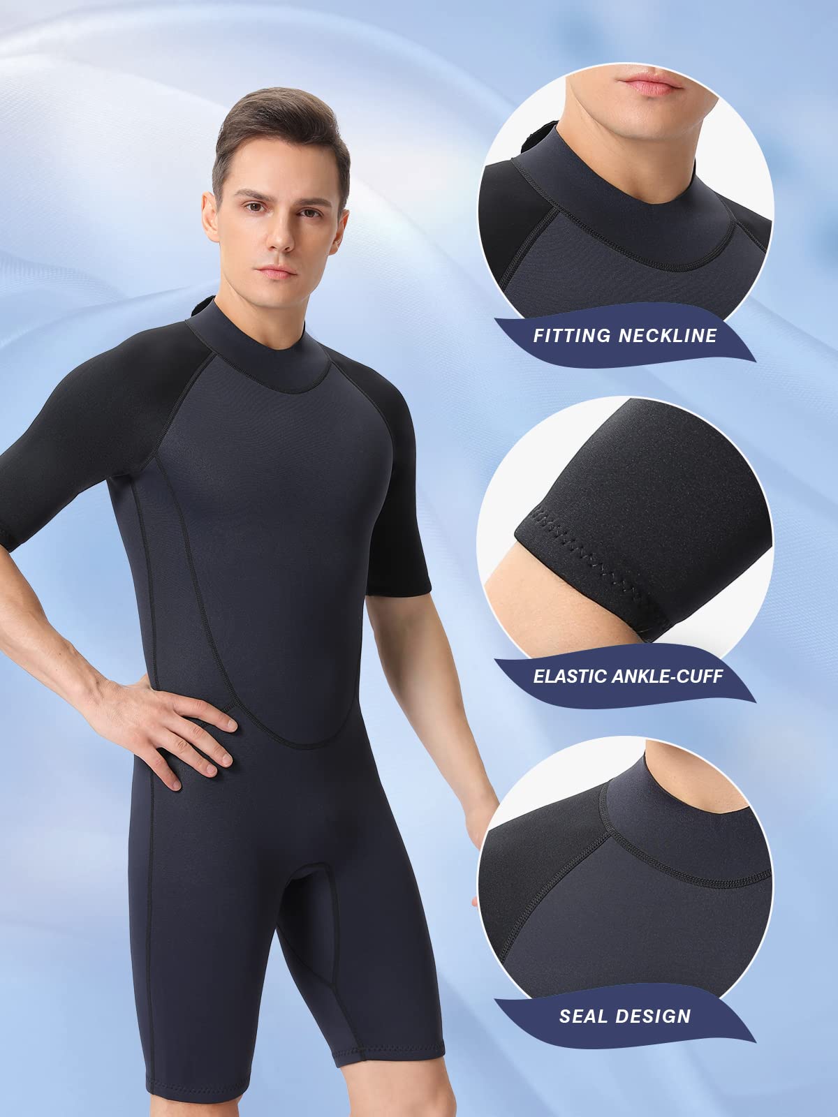 Shorty Wetsuit Men,2mm Neoprene Short Sleeves Wet Suits Back Zip, 1.5mm Shorty Surf Suit Keep Warm in Cold Water for Snorkeling Kayaking Boarding(Dark Blue 2mm,XX-Large)