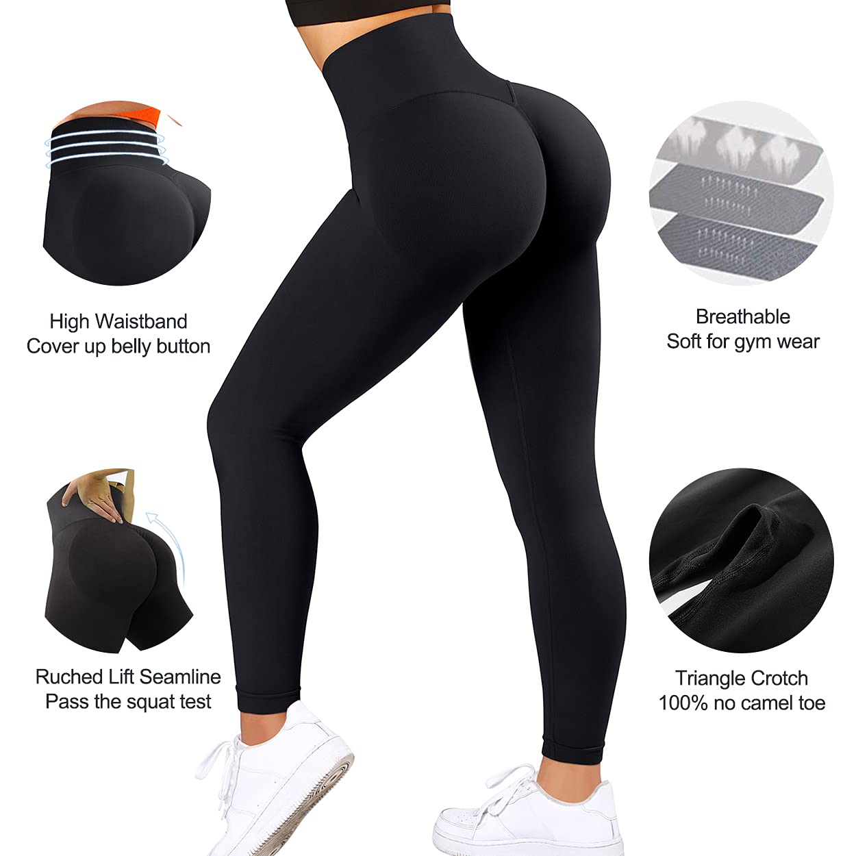 OMKAGI Women Scrunch Butt Lifting Leggings Seamless High Waisted Workout Yoga Pants(S,657-1-Black)