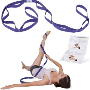 Stretch Strap with Loops for Physical Therapy, Flexibility, Range of Motion and Workouts with Exercise Book. Non-Elastic Band for Yoga, Pilates. Stretch Out Hamstring, Knee, calf, Back, Shoulder