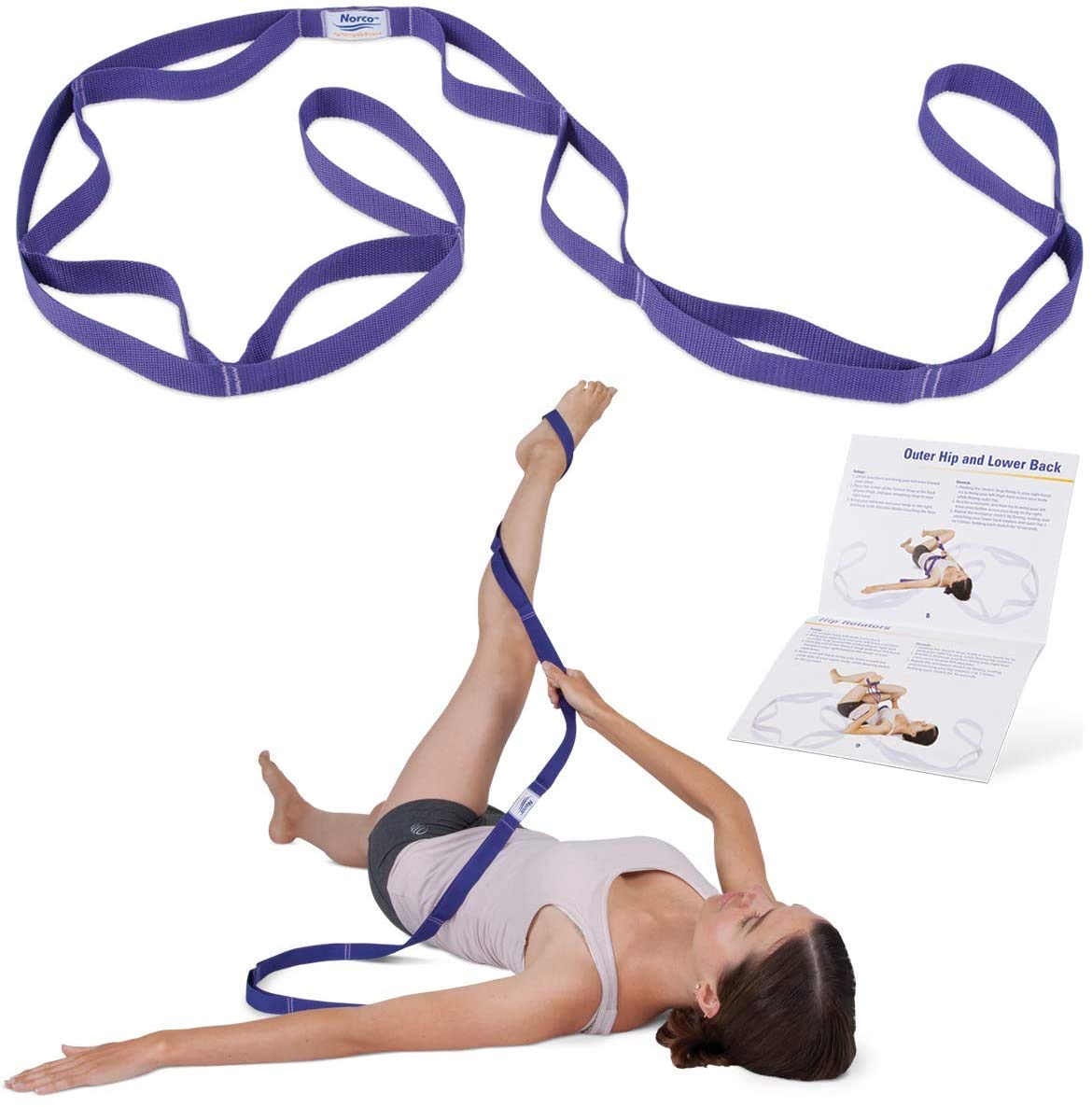 Stretch Strap with Loops for Physical Therapy, Flexibility, Range of Motion and Workouts with Exercise Book. Non-Elastic Band for Yoga, Pilates. Stretch Out Hamstring, Knee, calf, Back, Shoulder