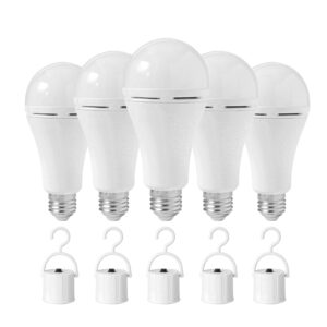 holdwill 5 pack rechargeable emergency led bulb, multi-function battery backup emergency light for power outage camping outdoor activity 9w 900lm 60w equivalent white daylight 6000k with e26/e27 base