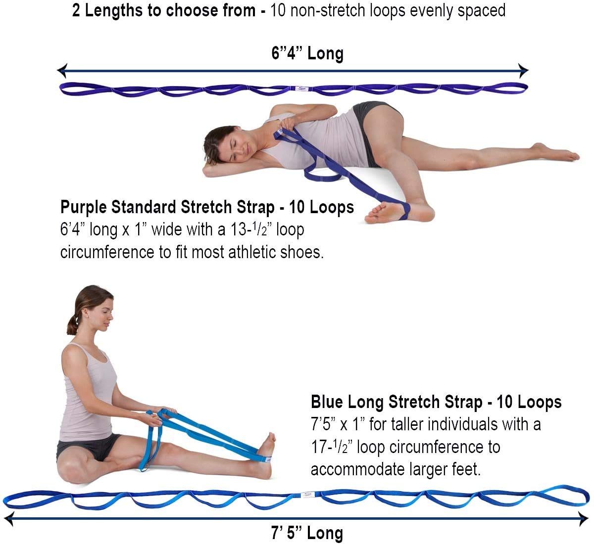 Stretch Strap with Loops for Physical Therapy, Flexibility, Range of Motion and Workouts with Exercise Book. Non-Elastic Band for Yoga, Pilates. Stretch Out Hamstring, Knee, calf, Back, Shoulder