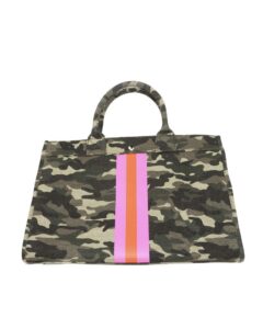 milly kate camouflage tote handbag with stripes, stylish, trendy, preppy, fashionable, upscale bag, detachable strap, inside pockets, designer purse exclusive to, 10” x 15”