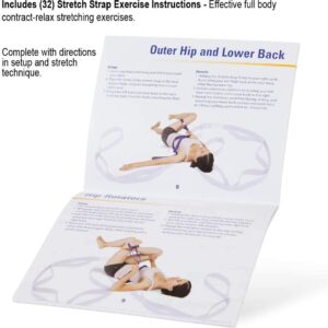 Stretch Strap with Loops for Physical Therapy, Flexibility, Range of Motion and Workouts with Exercise Book. Non-Elastic Band for Yoga, Pilates. Stretch Out Hamstring, Knee, calf, Back, Shoulder