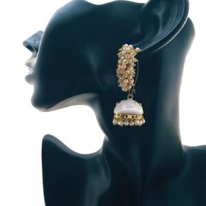 Moonstruck Golden Meenakari Jhumkas With White Pearls For Women (Green) (White)