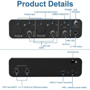 USB Audio Interface with XLR cable，Audio Interface with Mic Preamplifier Audio mixer recorder with 48V Phantom Power, 24 Bit, Support Computer and Equipment Recording （（NO Software or DAW included））