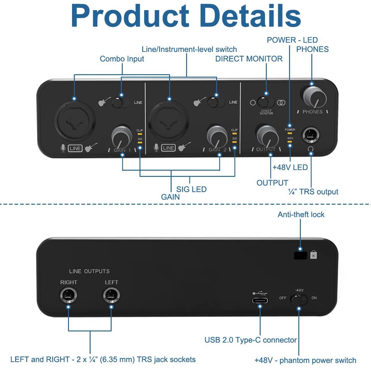 USB Audio Interface with XLR cable，Audio Interface with Mic Preamplifier Audio mixer recorder with 48V Phantom Power, 24 Bit, Support Computer and Equipment Recording （（NO Software or DAW included））