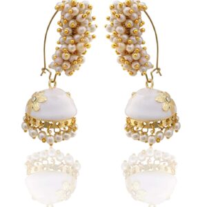 Moonstruck Golden Meenakari Jhumkas With White Pearls For Women (Green) (White)