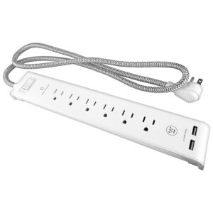 westinghouse 96021 strip 6-outlet 2-usb 900 joule surge protector with fabric braided tangle free cord, white