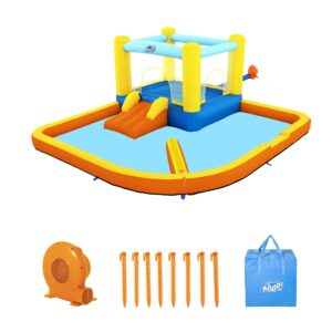 bestway h2ogo! beach bounce house kids outdoor inflatable water slide park with water wall, ground stakes, storage bag, and air blower for quick setup