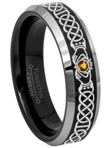 celtic claddagh ring with 0.03 carat citrine gemstone tungsten carbide ring - 6mm polished comfort fit beveled edge black tungsten anniversary ring - november birtstone ring