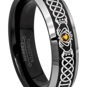 Celtic Claddagh Ring with 0.03 carat Citrine Gemstone Tungsten Carbide Ring - 6mm Polished Comfort Fit Beveled Edge Black Tungsten Anniversary Ring - November Birtstone Ring