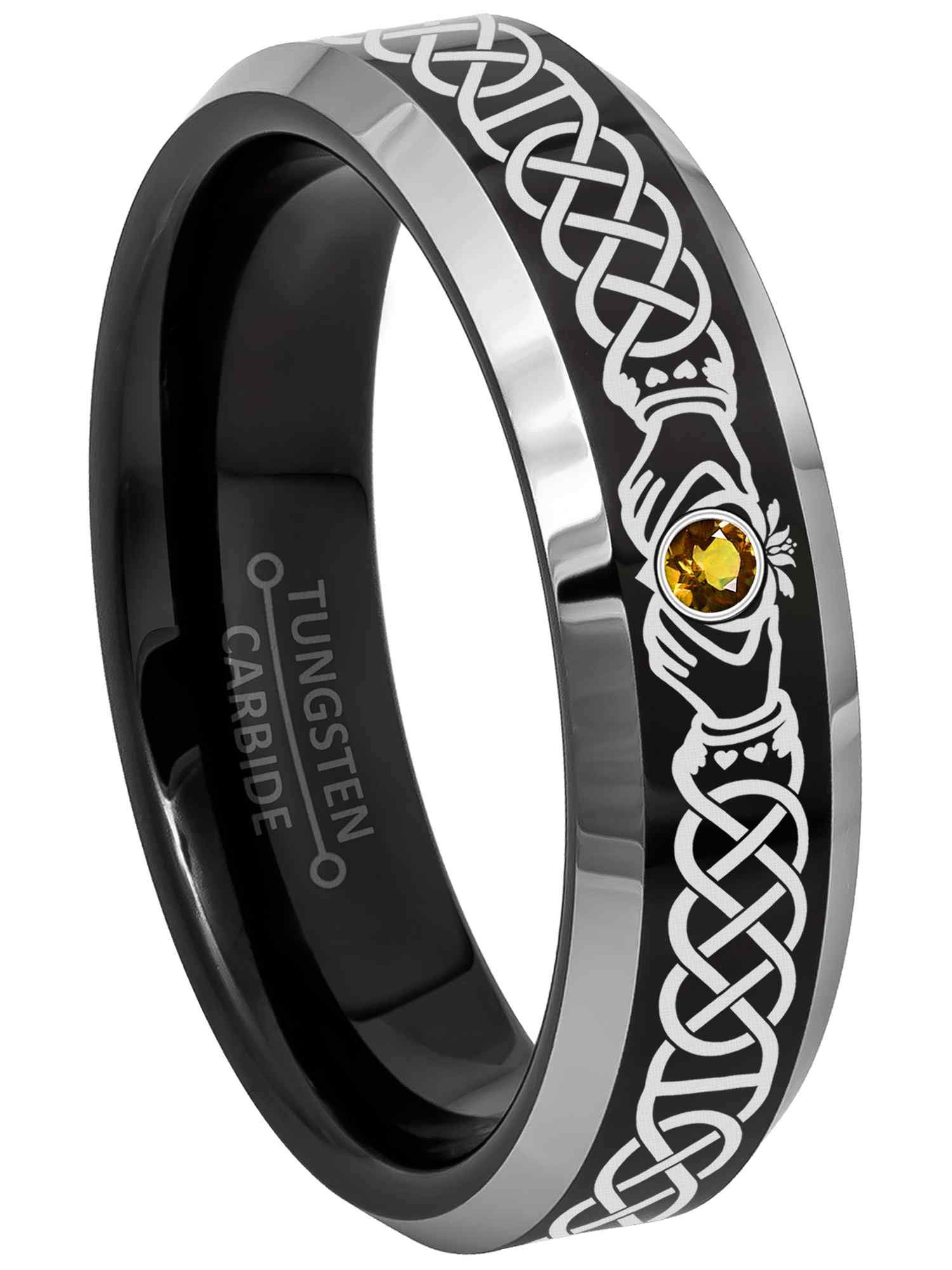 Celtic Claddagh Ring with 0.03 carat Citrine Gemstone Tungsten Carbide Ring - 6mm Polished Comfort Fit Beveled Edge Black Tungsten Anniversary Ring - November Birtstone Ring