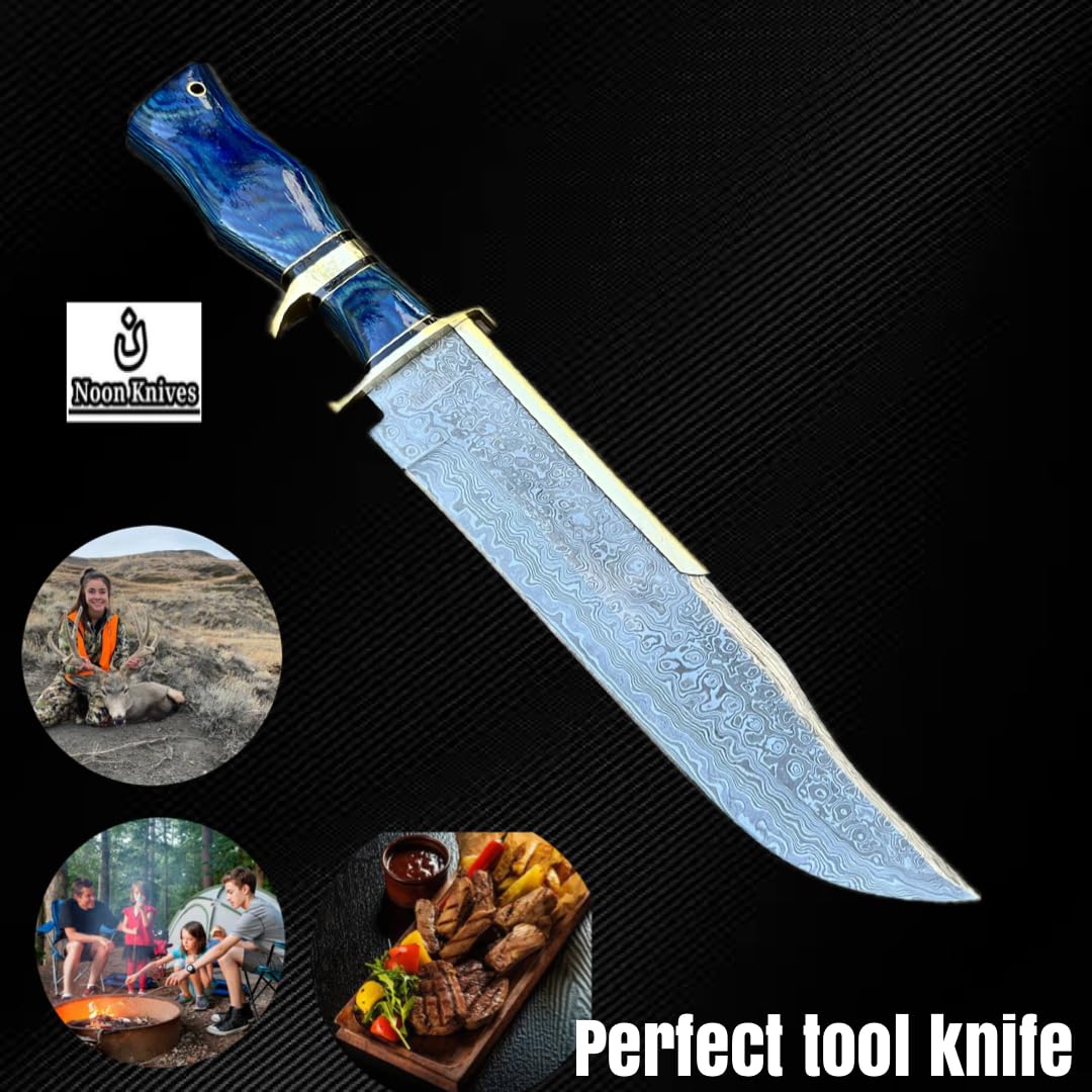 NoonKnives: 15" Hand Made Damascus Steel Collectible TEXAS Bowie Knife Handle pakka wood with brass clip (blue) (blue taxas)