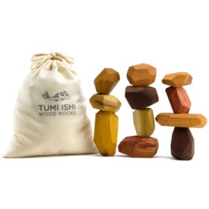 tumi ishi 11 piece natural wooden balancing block set - sensory educational natural wood toy stacking game - mixed wood species - usa made - jojoba oil and beeswax finish - wood stone building blocks