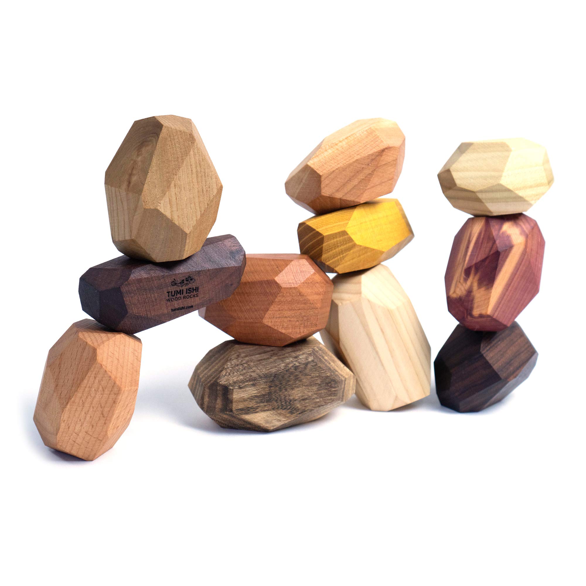 Tumi Ishi 11 Piece Natural Wooden Balancing Block Set - Sensory Educational Natural Wood Toy Stacking Game - Mixed Wood Species - USA Made - Jojoba Oil and Beeswax Finish - Wood Stone Building Blocks