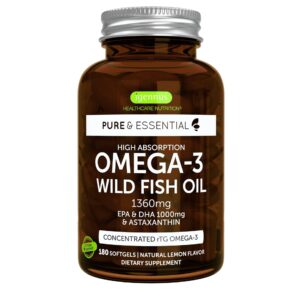 super concentrated triglyceride omega 3 wild fish oil rtg, epa dha 1000mg, clean label, ultra pure, free from environmental toxins, non-gmo, astaxanthin 1mg, lemon flavor, 180 softgels by igennus