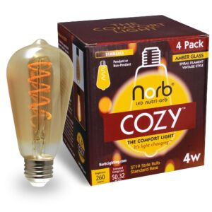 norbcozy 4w vintage-style st19 led bulb. unique candle/fire-light spectrum for peace & comfort. use upright or pendant, amber glass, standard base, 2 ¼” x 3 7/8” long inserted, dimmable (4-pack)