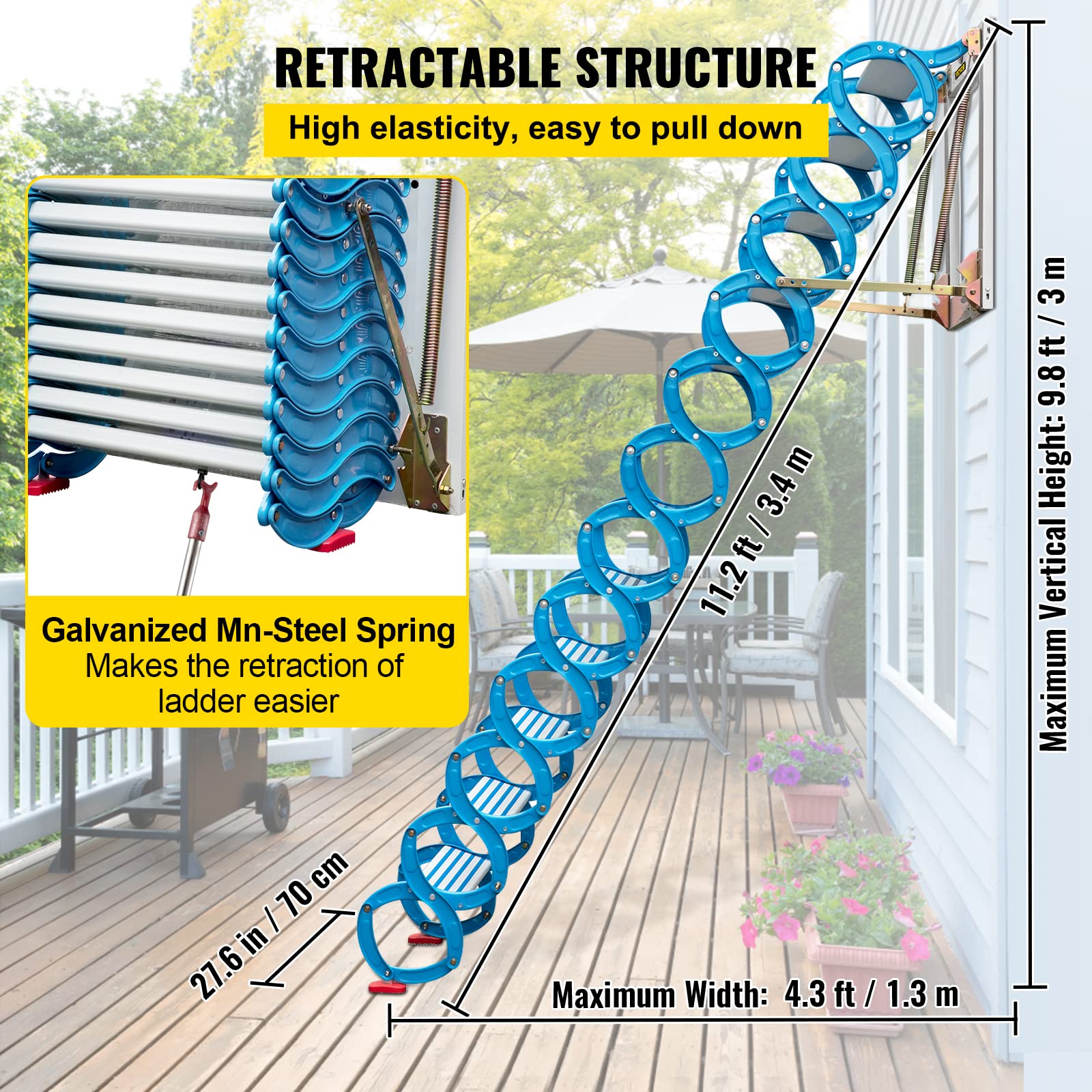 VEVOR Attic Steps Pull Down 12 Steps Attic Stairs, Alloy Attic Access Ladder, Blue Pulldown Attic Stairs, Wall-mounted Folding Stairs for Attic, Retractable Attic Ladder with Armrests, 9.8 feet Height