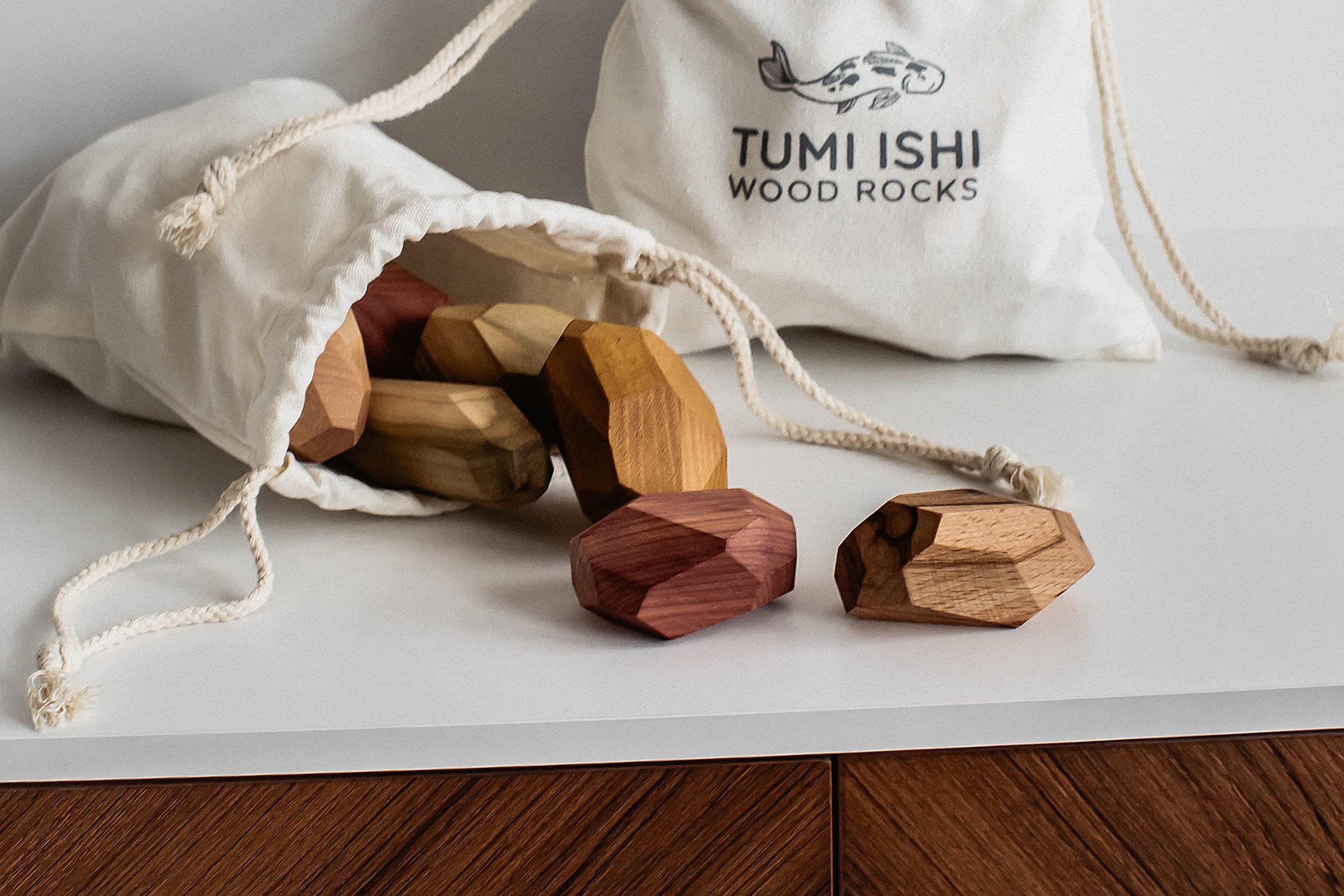 Tumi Ishi 11 Piece Natural Wooden Balancing Block Set - Sensory Educational Natural Wood Toy Stacking Game - Mixed Wood Species - USA Made - Jojoba Oil and Beeswax Finish - Wood Stone Building Blocks