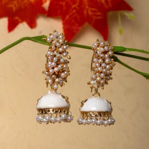 Moonstruck Golden Meenakari Jhumkas With White Pearls For Women (Green) (White)