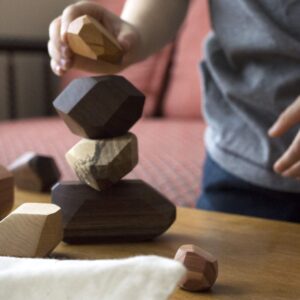 Tumi Ishi 11 Piece Natural Wooden Balancing Block Set - Sensory Educational Natural Wood Toy Stacking Game - Mixed Wood Species - USA Made - Jojoba Oil and Beeswax Finish - Wood Stone Building Blocks