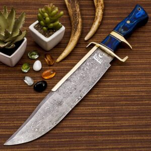 noonknives: 15" hand made damascus steel collectible texas bowie knife handle pakka wood with brass clip (blue) (blue taxas)