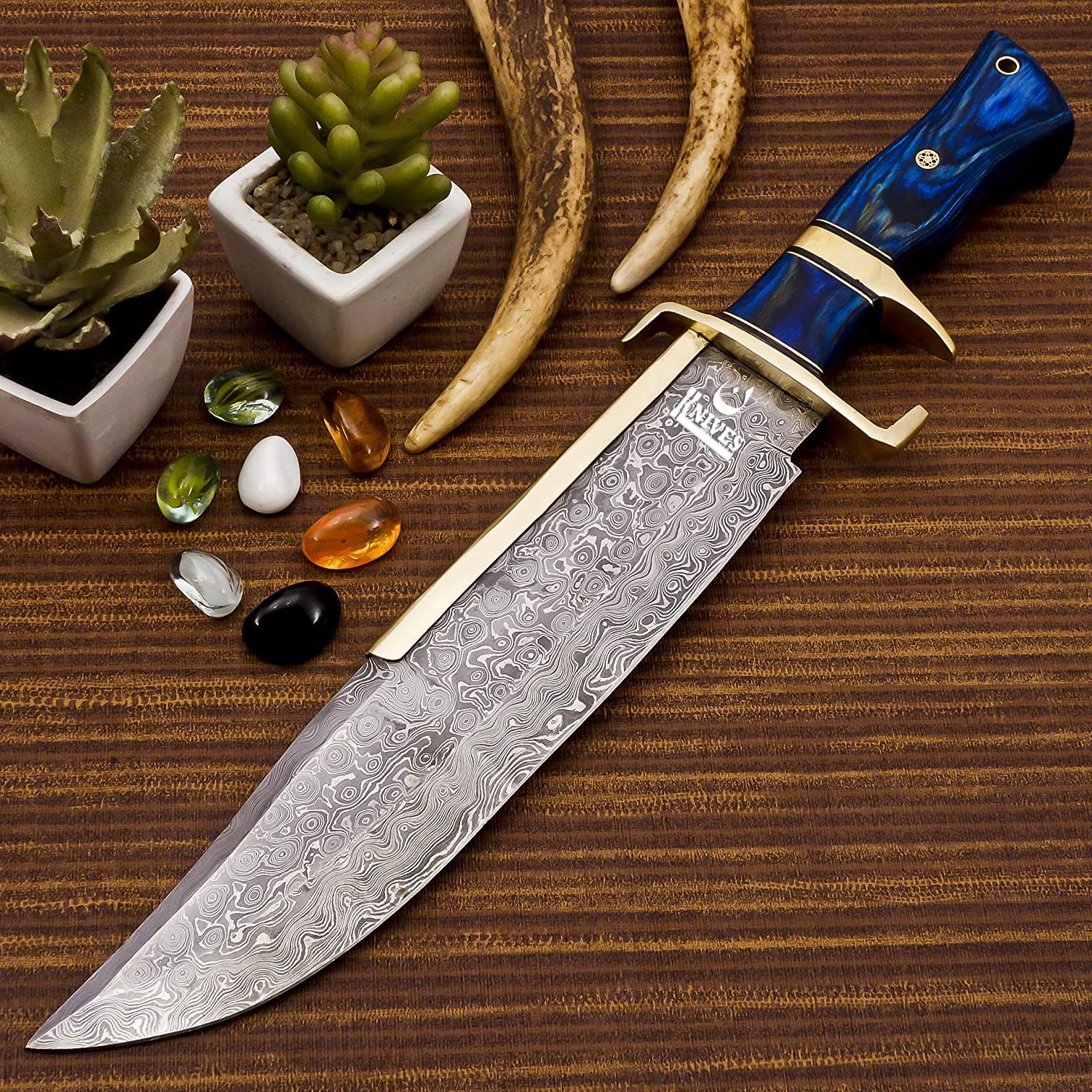 NoonKnives: 15" Hand Made Damascus Steel Collectible TEXAS Bowie Knife Handle pakka wood with brass clip (blue) (blue taxas)