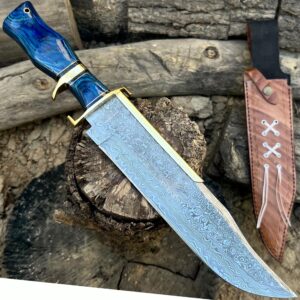 NoonKnives: 15" Hand Made Damascus Steel Collectible TEXAS Bowie Knife Handle pakka wood with brass clip (blue) (blue taxas)