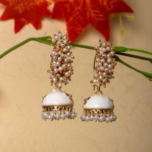 Moonstruck Golden Meenakari Jhumkas With White Pearls For Women (Green) (White)