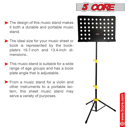 5 Core Sheet Music Stand -Dual Use Professional Portable Music Stand, Metal Desktop Tripod Music Book Stand & Orchestral Sheet Stand, Folding Adjustable Sturdy Heavy Duty for Performance & Band