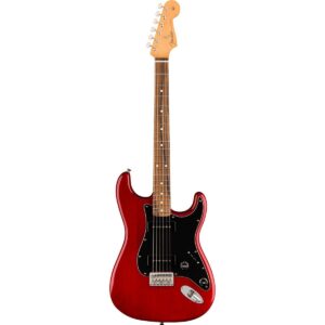 fender noventa stratocaster electric guitar, pau ferro fingerboard, crimson red transparent