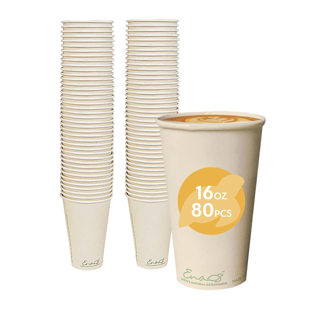 100% Compostable Disposable Coffee Cups [16oz 80 Pack] Paper Cups Made from Bamboo, Eco-Friendly, Biodegradable Premium Party Cups, Natural Unbleached by Earth's Natural Alternative