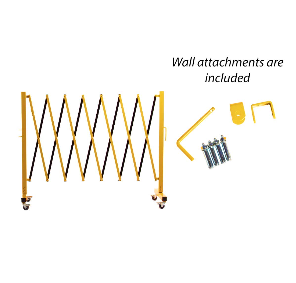 Trafford Industrial Expandable Metal Barricade, 11 Feet, Yellow and Black, Mobile Safety Barrier Gate, Retractable Traffic Fence