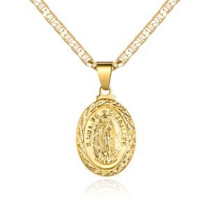 barzel 18k gold plated flat mariner/marina chain necklace with virgin mary guadalupe charm pendant 3mm (24)