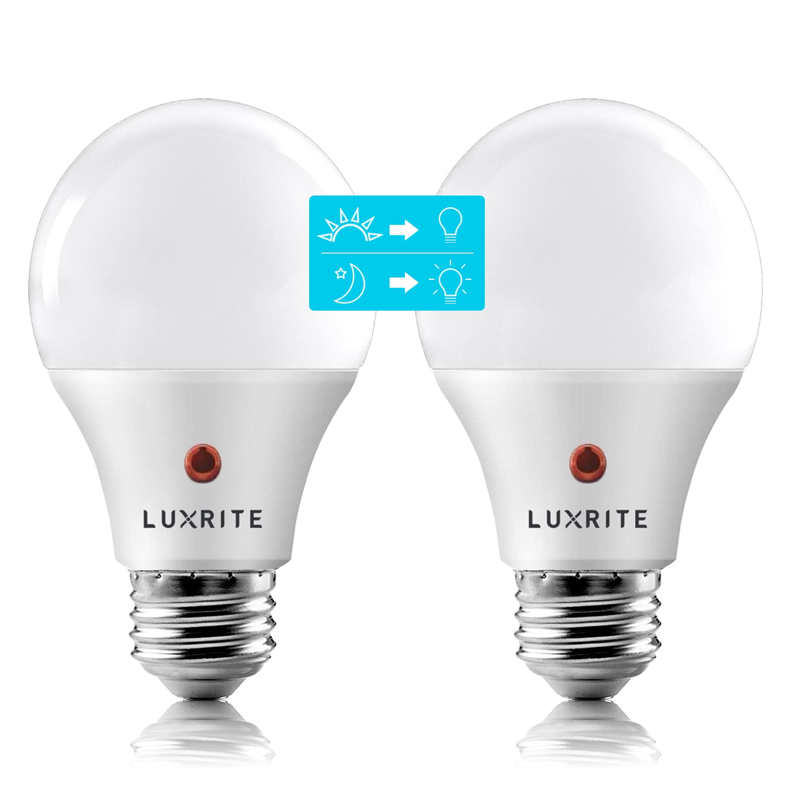 LUXRITE A19 LED Dusk to Dawn Light Bulbs Outdoor Lighting, 60 Watt Equivalent, Enclosed Fixture Rated, Automatic On Off Sensor, 3000K Soft White, 800 Lumens, Damp Rated, E26 Base (2 Pack)