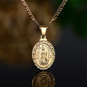 Barzel 18K Gold Plated Flat Mariner/Marina Chain Necklace With Virgin Mary Guadalupe Charm Pendant 3MM (24)