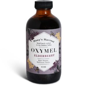 hany’s harvest elderberry oxymel syrup, 8 oz glass bottle, all natural apple cider vinegar + raw honey wellness tonic, gluten-free, small-batch, handcrafted