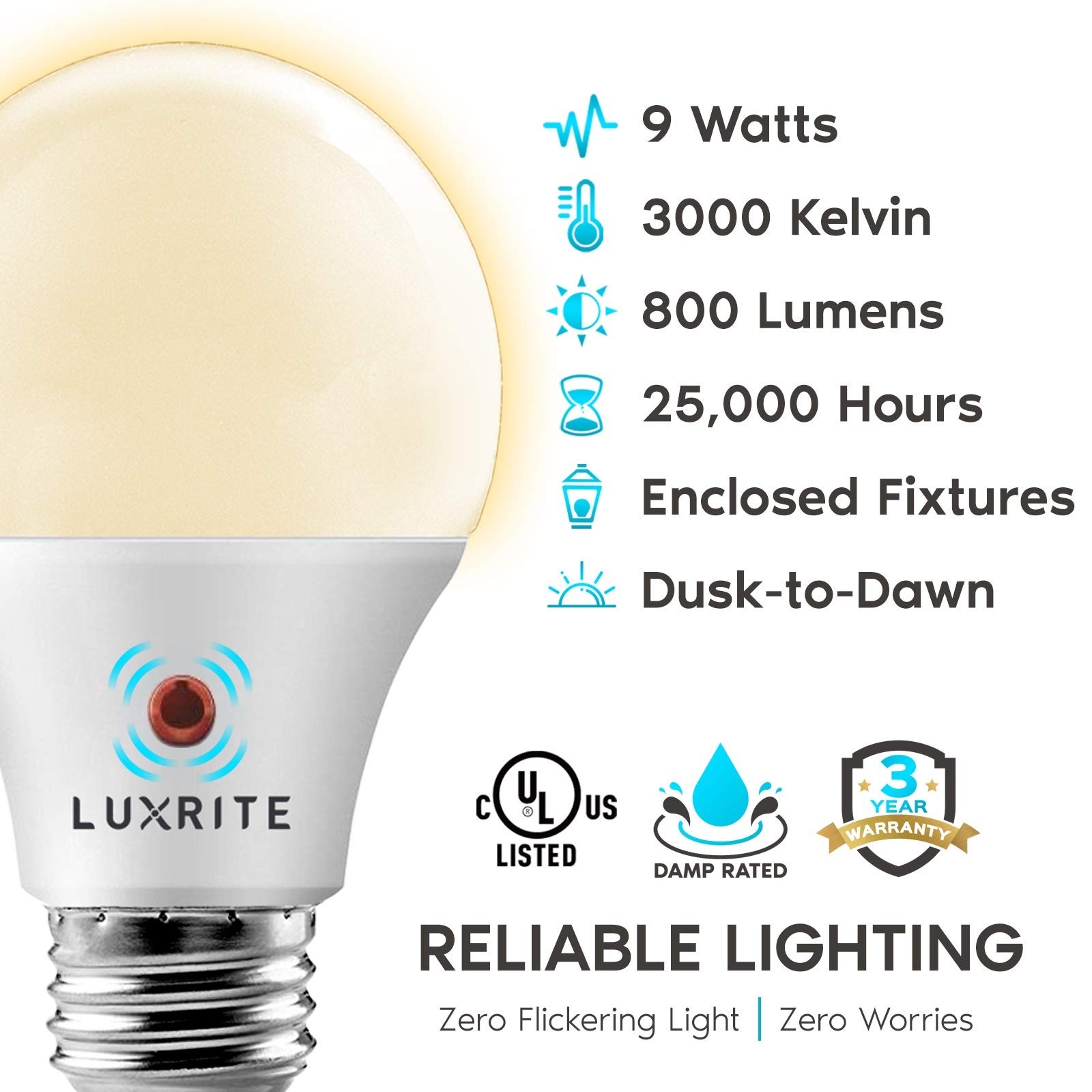 LUXRITE A19 LED Dusk to Dawn Light Bulbs Outdoor Lighting, 60 Watt Equivalent, Enclosed Fixture Rated, Automatic On Off Sensor, 3000K Soft White, 800 Lumens, Damp Rated, E26 Base (2 Pack)