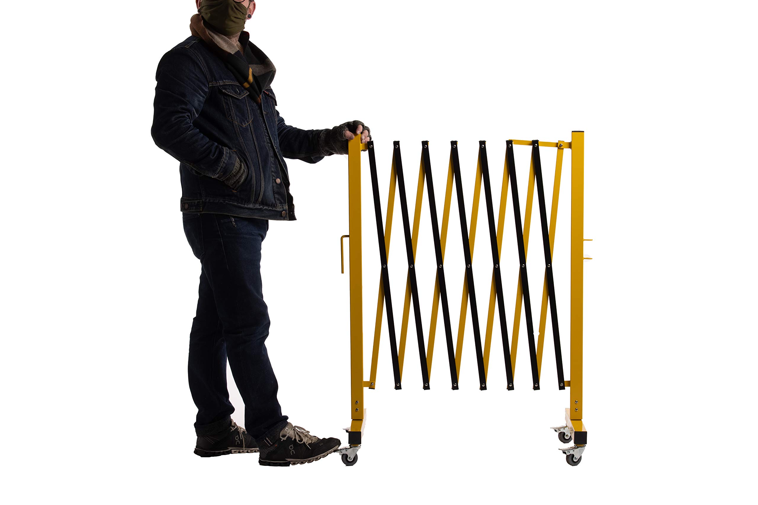 Trafford Industrial Expandable Metal Barricade, 11 Feet, Yellow and Black, Mobile Safety Barrier Gate, Retractable Traffic Fence